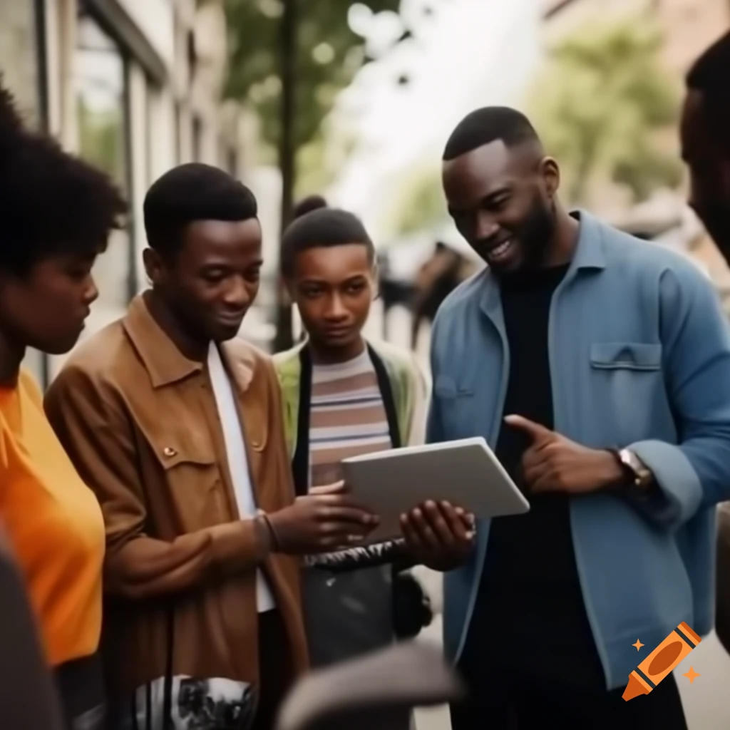 Two African individuals interviewing on the street with a tablet in ...