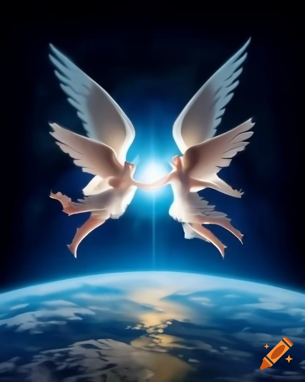 Celestial angels soaring above Earth in artistic digital painting on ...