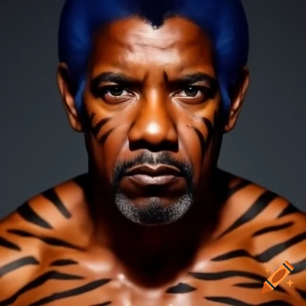 Muscular person with tiger-style makeup, blue hair, and orange skin ...