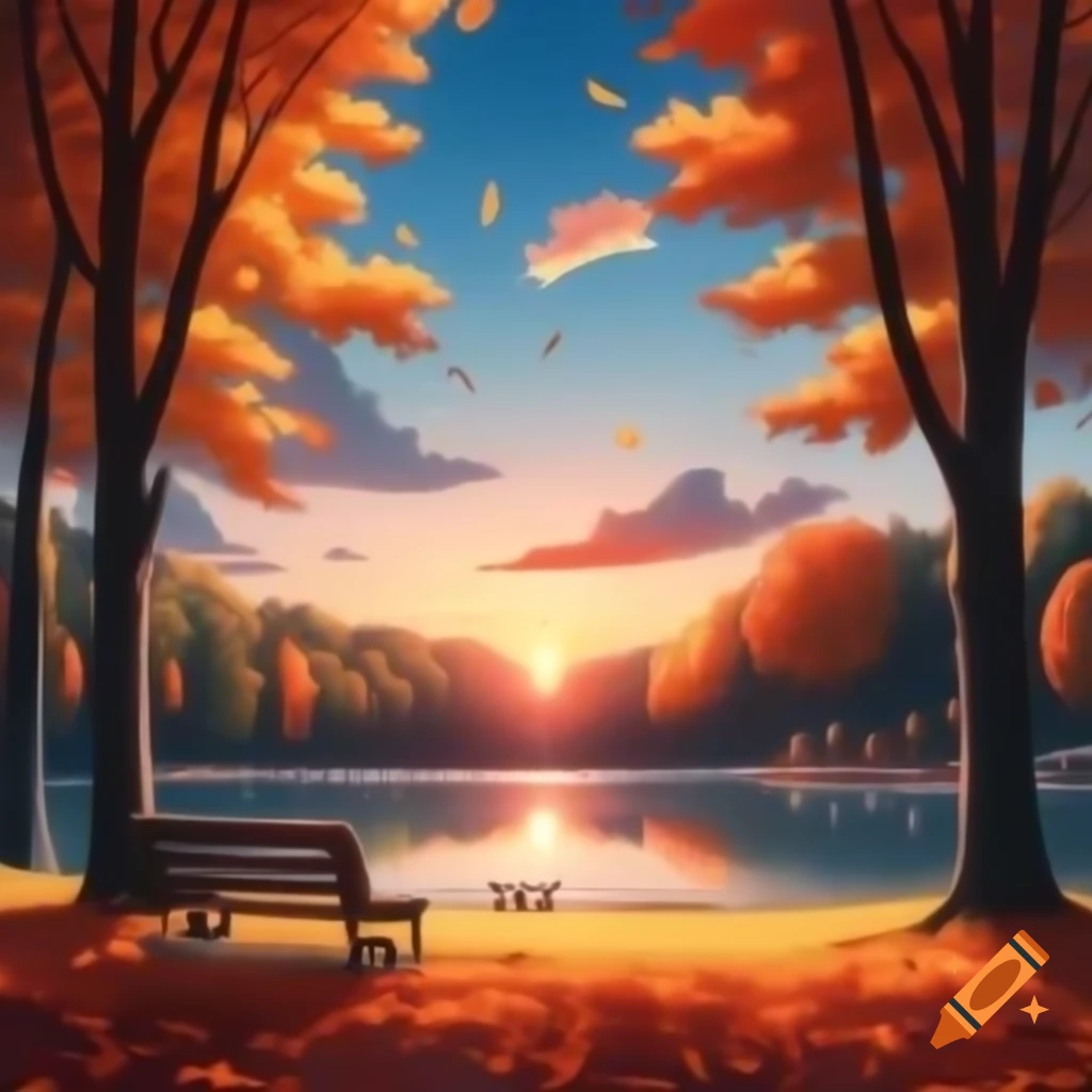 Anime-style autumn lakeside scene inspired by Your Name, with falling ...