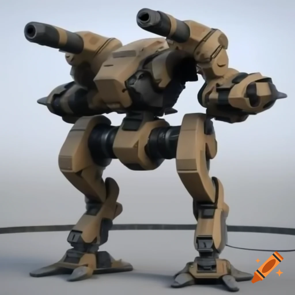 Heavily armored bipedal battle mech with angular design in military tan ...