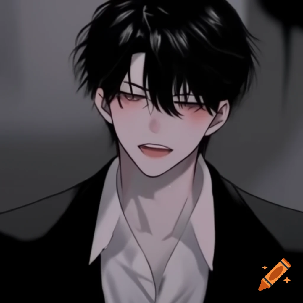 Handsome man with black hair crying softly, expressive dark eyes and ...