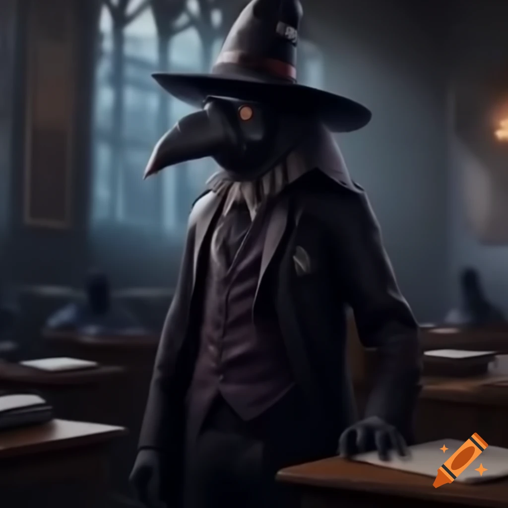 Male witch doctor wearing a crow mask in a school setting on Craiyon