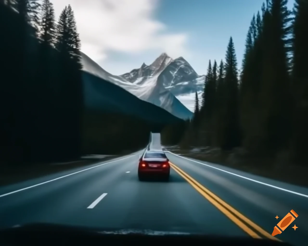 Bird's eye view of car driving on highway through conifer forest with ...