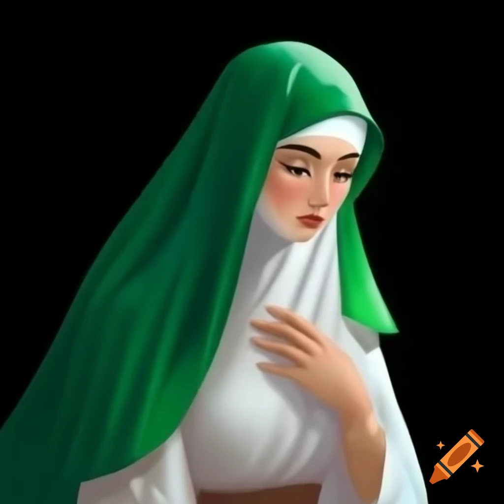 Spirit of Muslim woman in green veil and white robe entering paradise ...