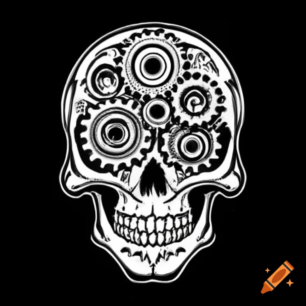 Vector line art skull composed of gears on Craiyon