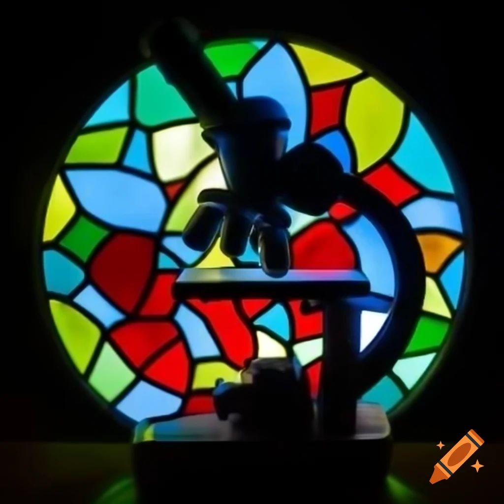 Intricate stained glass design featuring a microscope on Craiyon