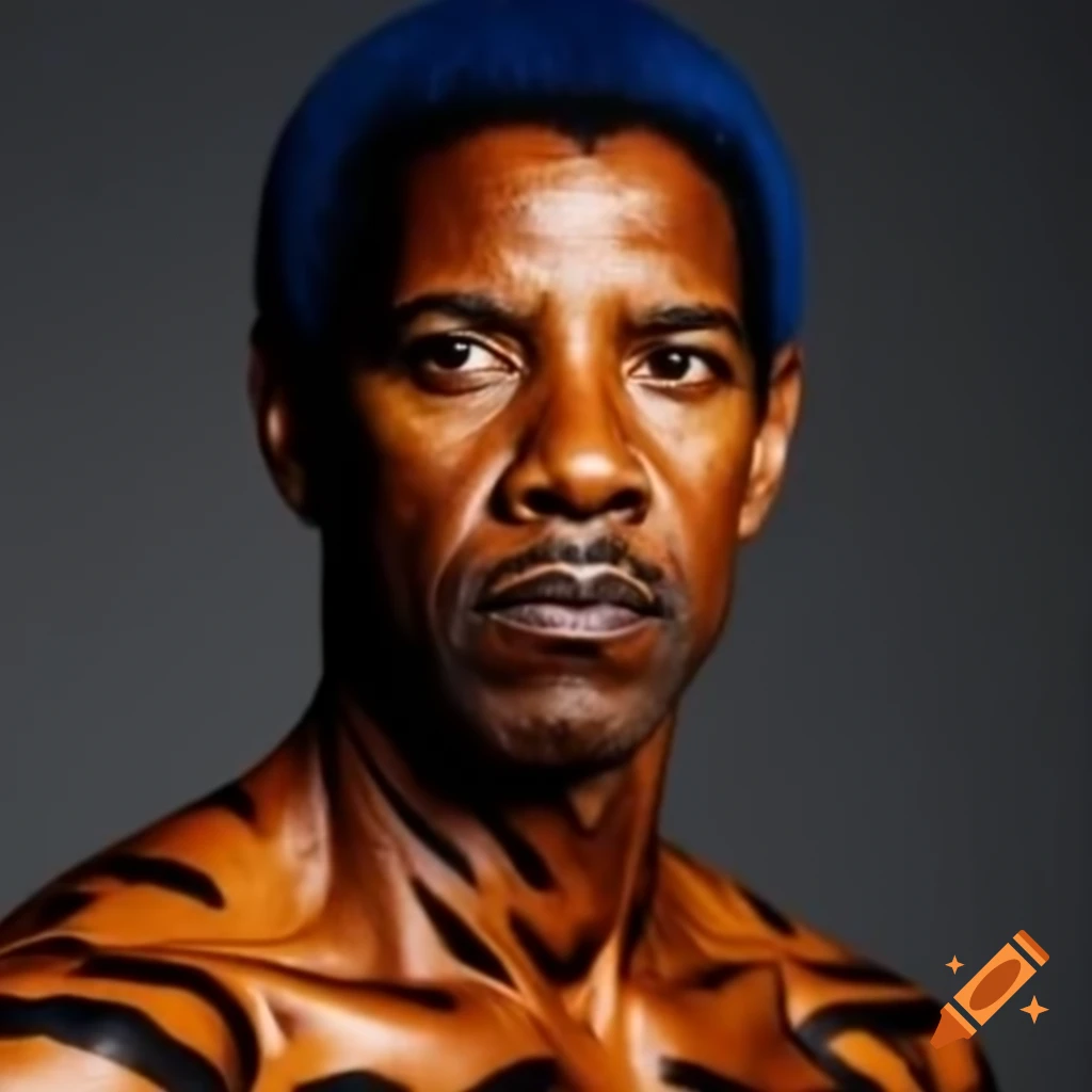 Muscular man with tiger-style makeup, blue hair and black stripes on ...