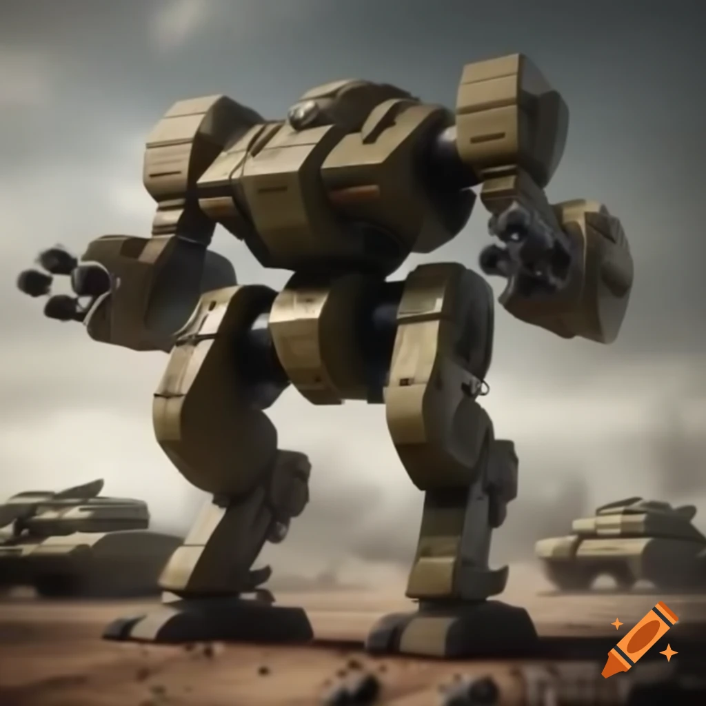 Symmetrical armored battle mech design inspired by military tanks on ...