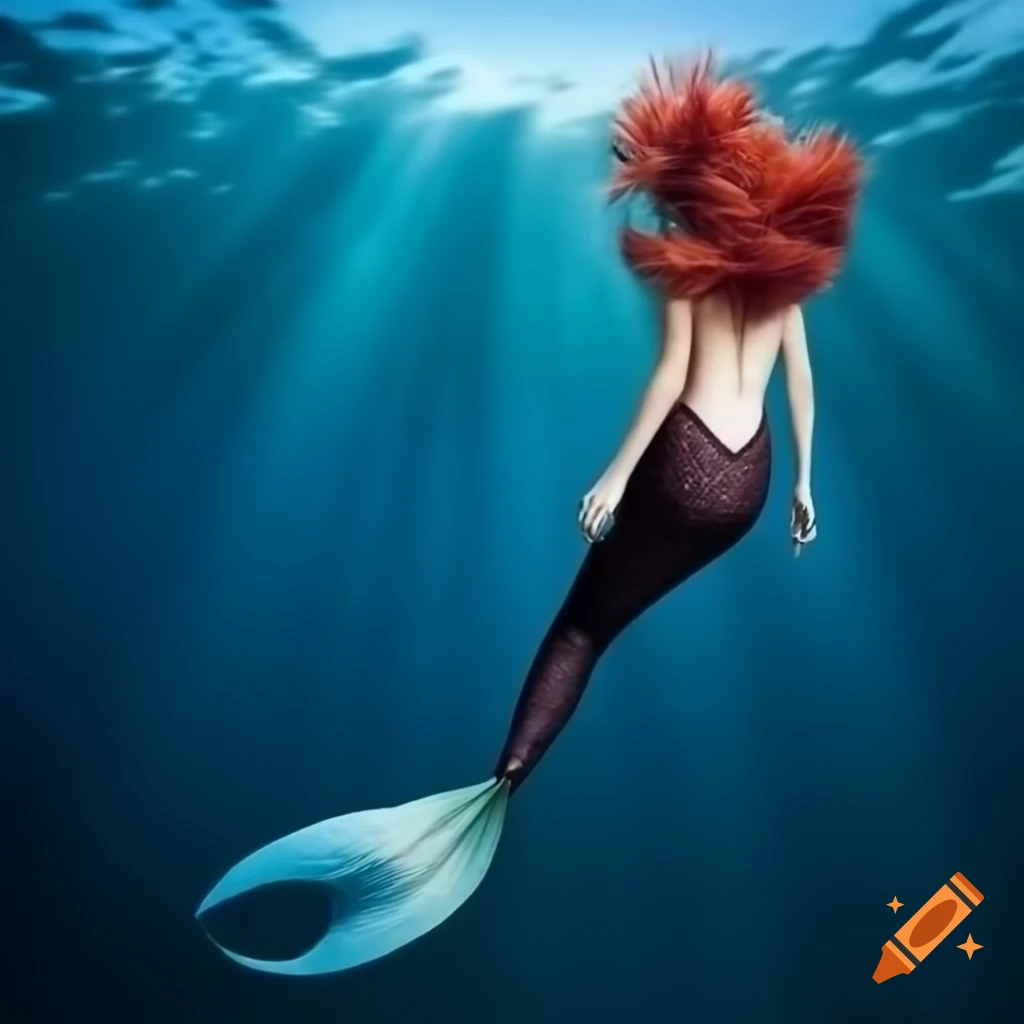 Red-haired mermaid swimming underwater with black tail on Craiyon