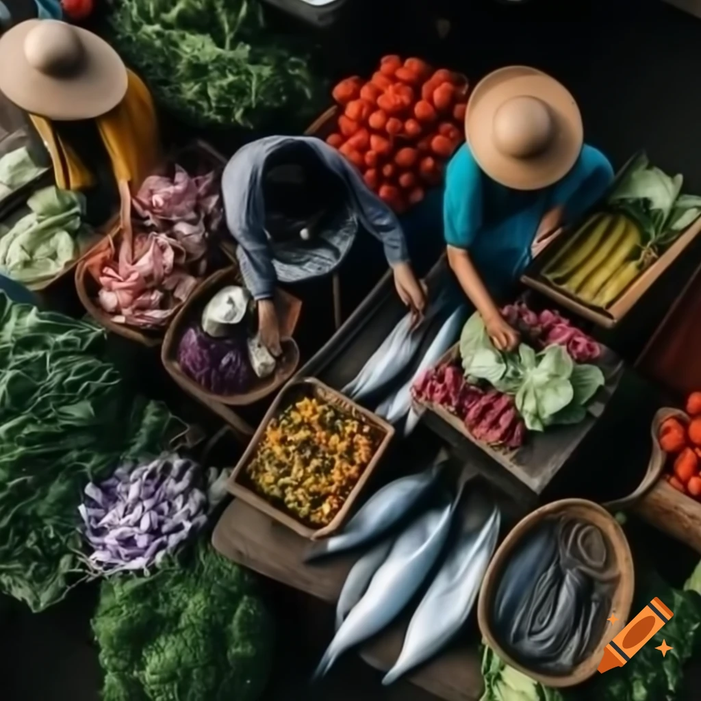 Vibrant local market with people selling vegetables, fish, cheese, and ...