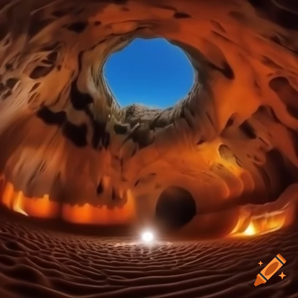 Man-made cavern with orange stone and intricate dome carvings filled ...