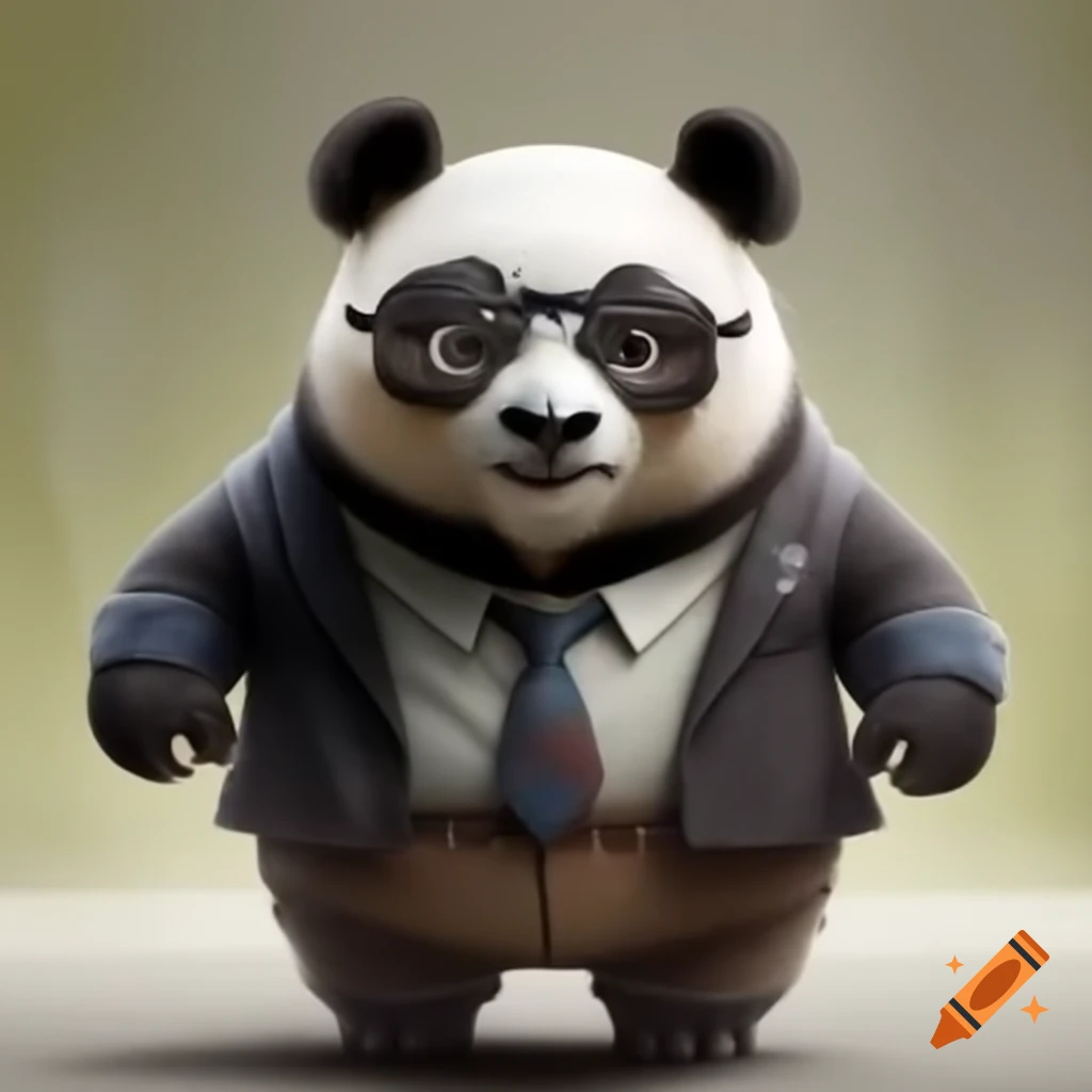 Panda in glasses and blazer standing with legs apart on Craiyon