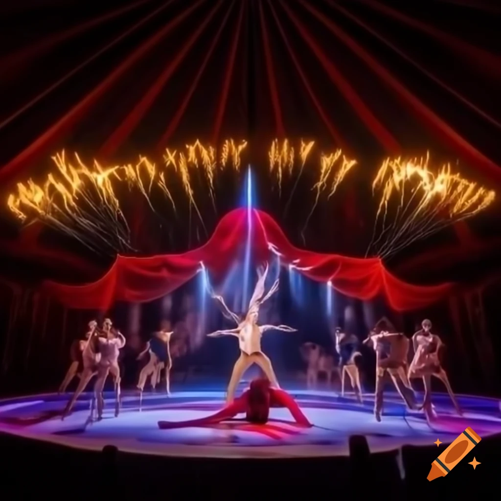 Acrobat preparing to leap beneath illuminated tent ceiling with ...
