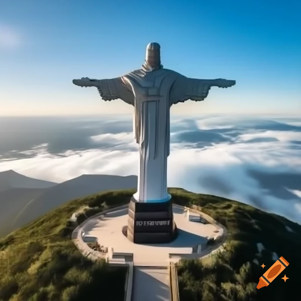 Drone shot of tourist climbing stairs to large Christ statue with open ...