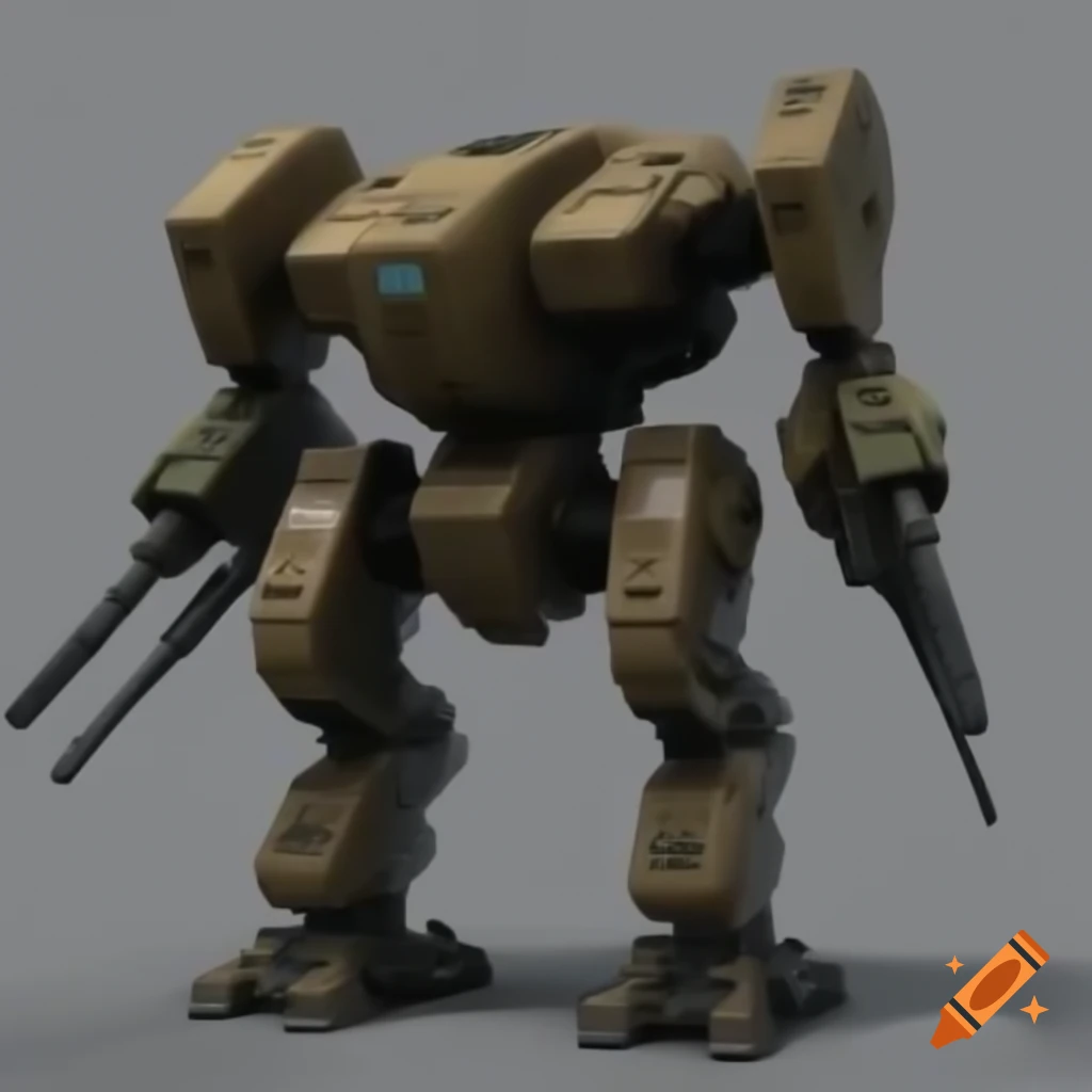 Heavily armored bipedal battle mech with angular design in military tan ...