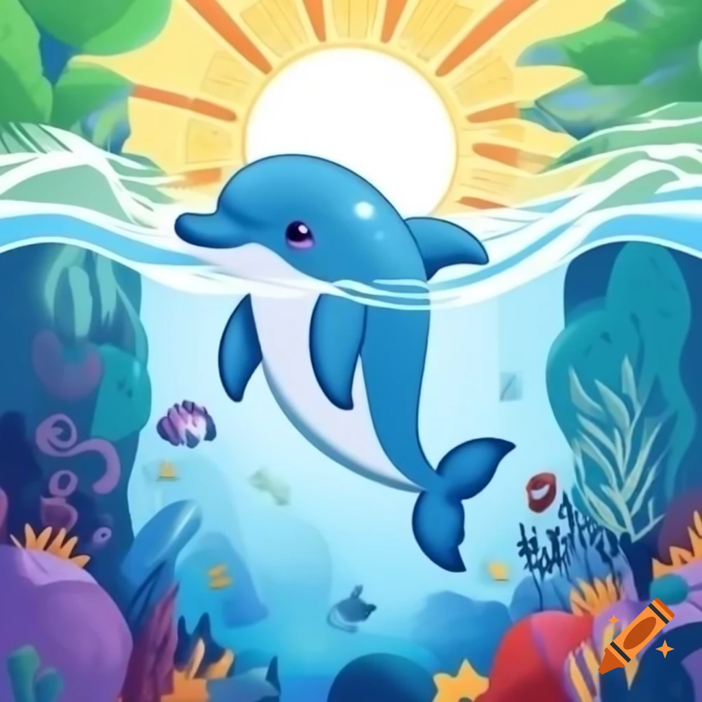 Cartoon dolphin Dody swimming in vibrant underwater world with sun rays ...