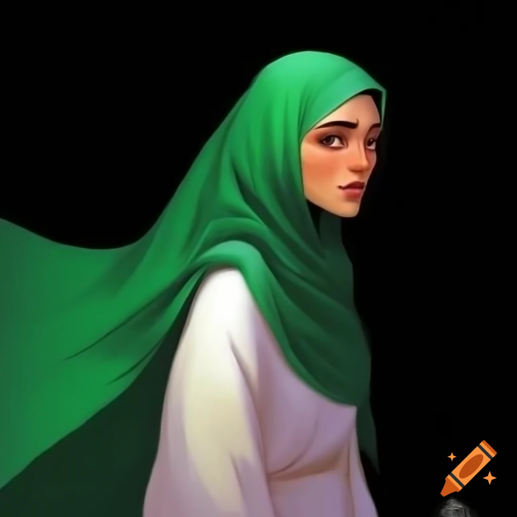 Muslim woman in green veil and white robe entering paradise, with an ...