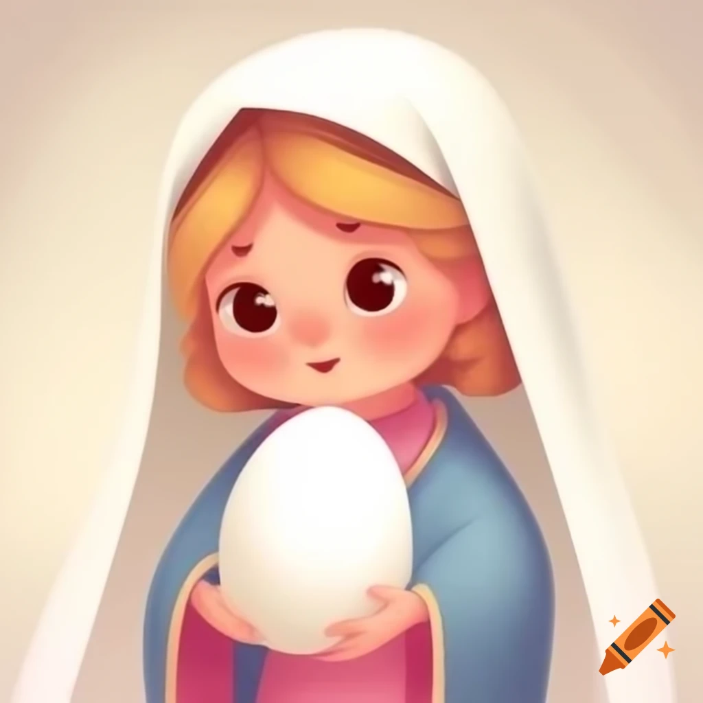 Cartoon Mary Magdalene holding white egg in children's book style on ...