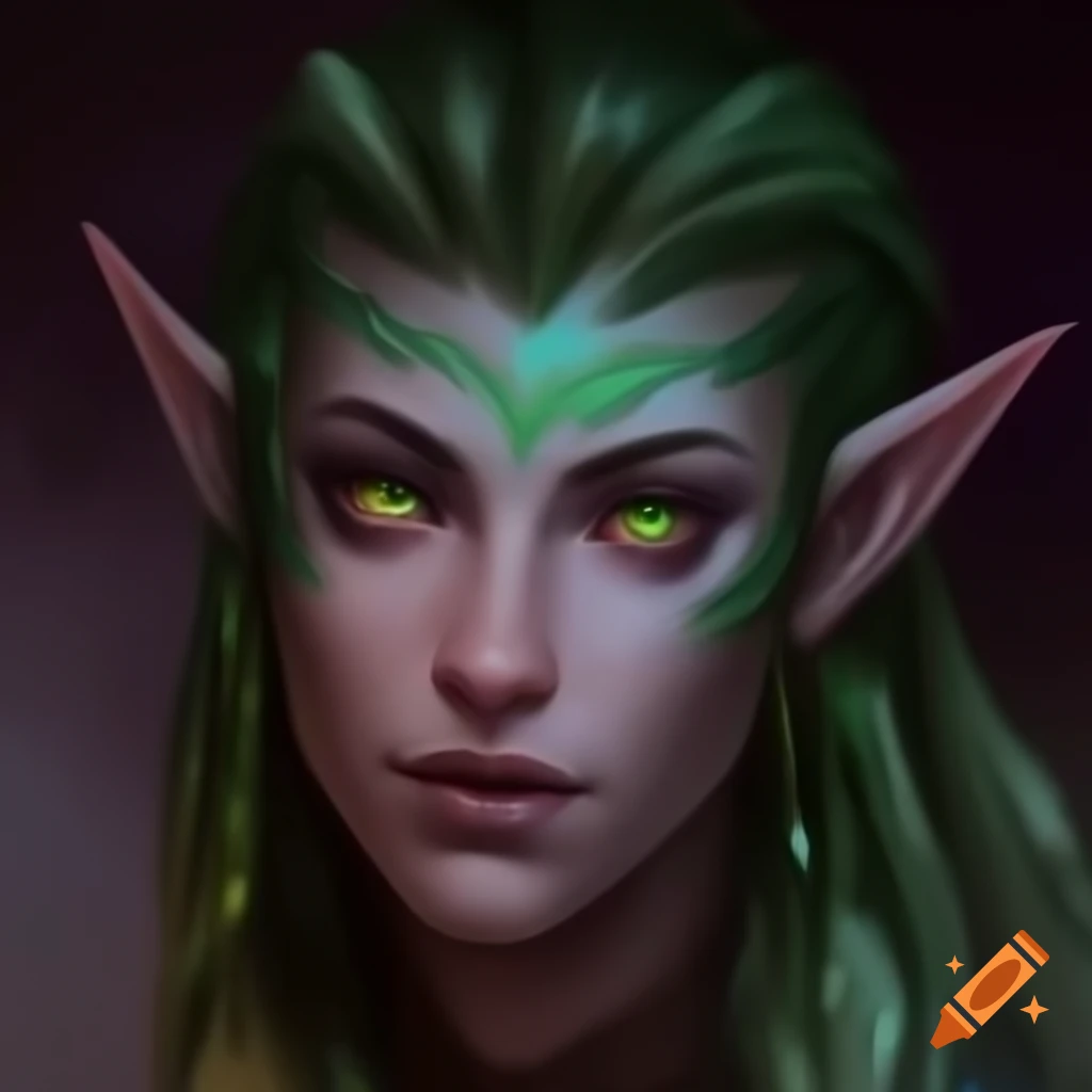 Elf with ebon hair and verdant eyes in realistic fantasy painting on ...