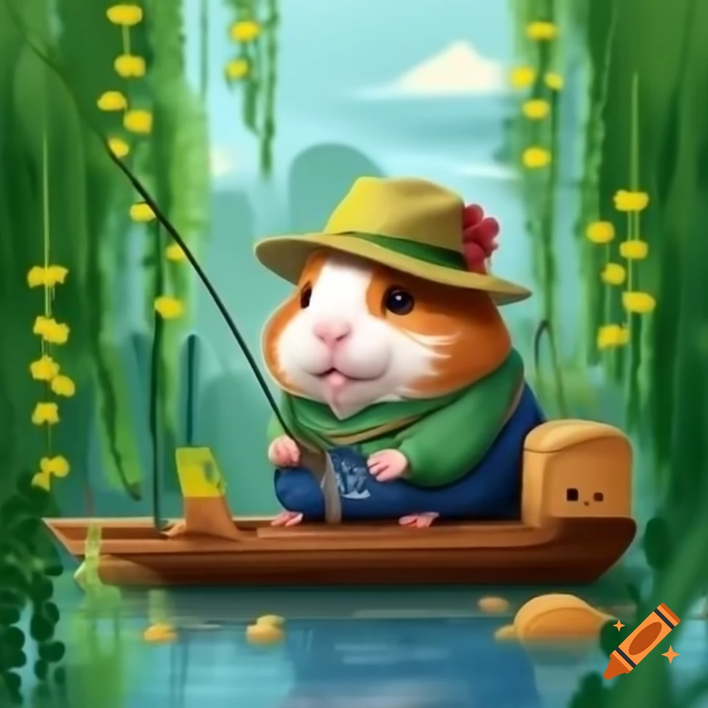 Guinea pig in fisherman's clothing fishing by river with willow trees ...
