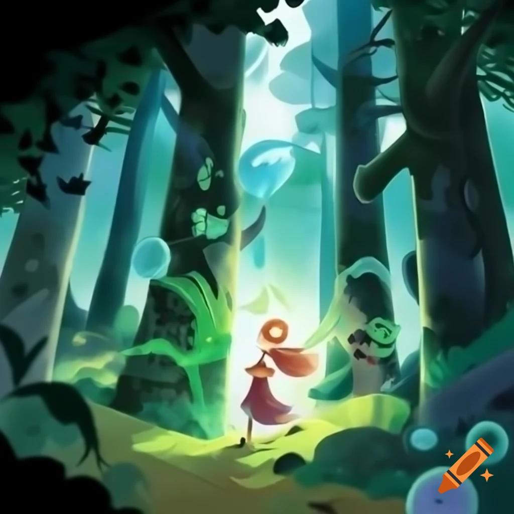 Enchanted forest scene with magical guardian and animals in anime style ...