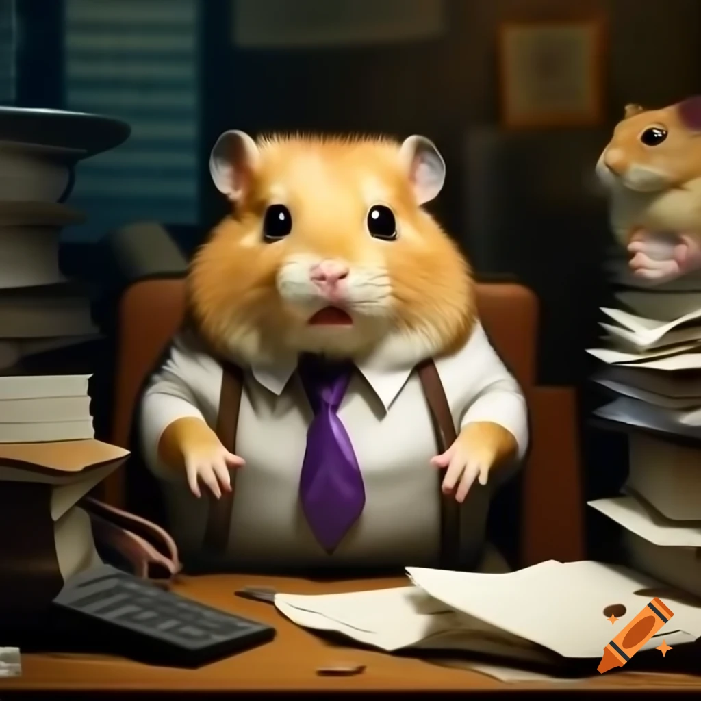 Anthropomorphic hamster office worker in purple tie surrounded by ...