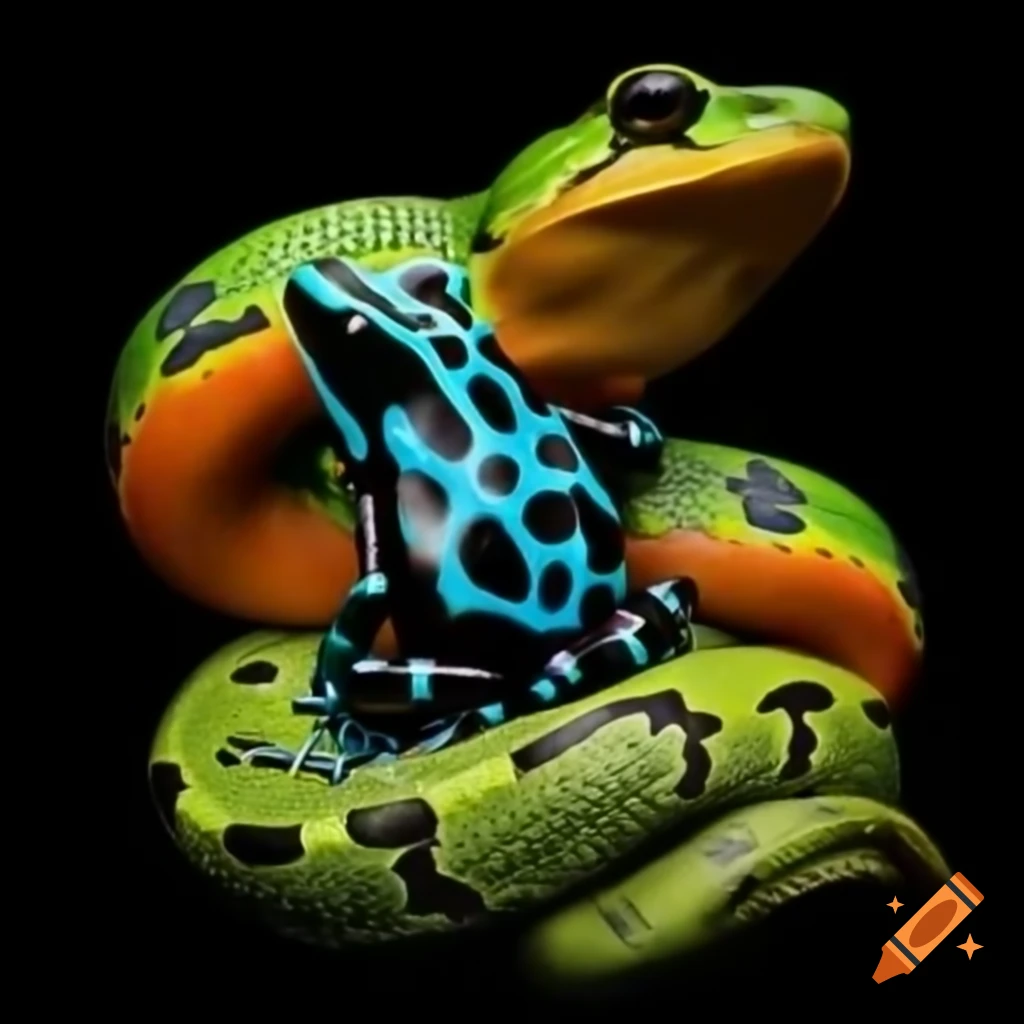 Combination of poison dart frog, python snake, and monitor lizard on ...