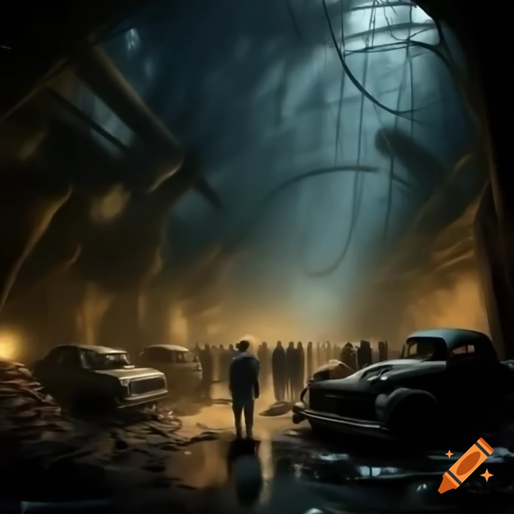 Glowing apparitions tracing ghosts in haunted car junkyard at night on Craiyon