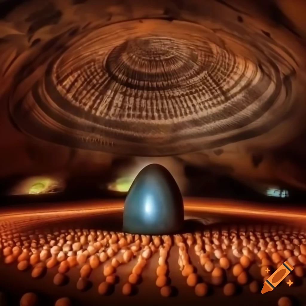 Vast man-made cavern with intricate carvings in dome ceiling and orange ...