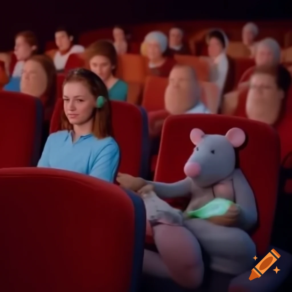 Stuffed mouse watching a movie in a cinema setting on Craiyon