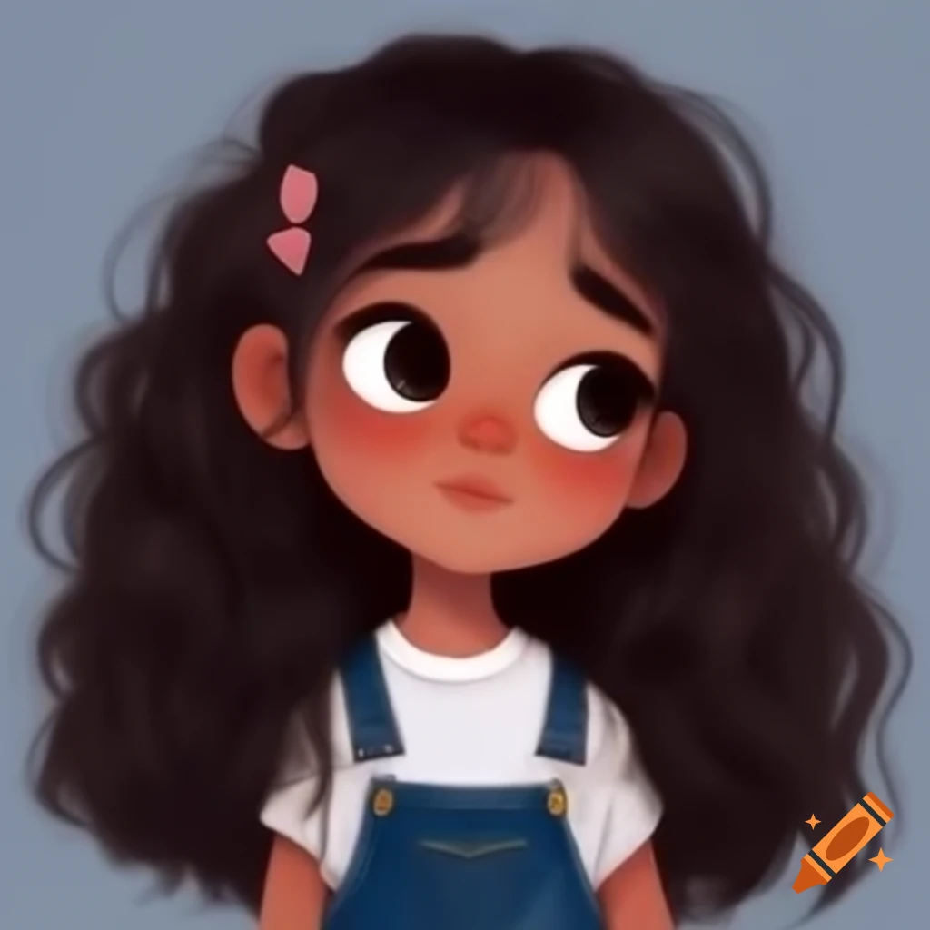 Disney-style girl with dark wavy hair in denim overalls and a tear on ...