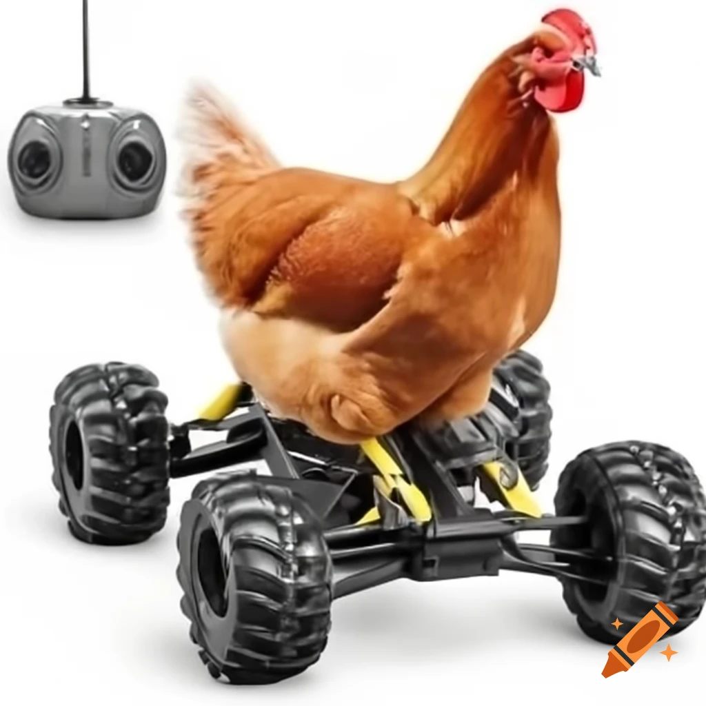 Brown chicken riding a Traxxas TRX-4 remote control car on Craiyon