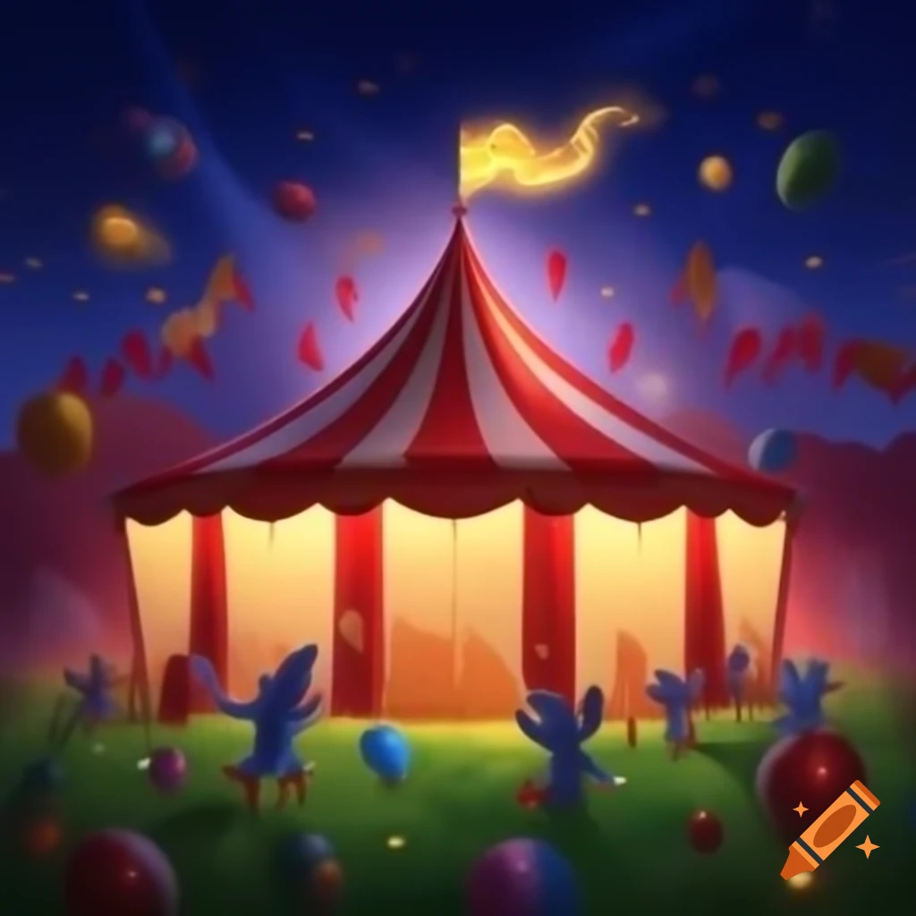 Vibrant circus scene with red tent, dancing elephant, fire breathers ...
