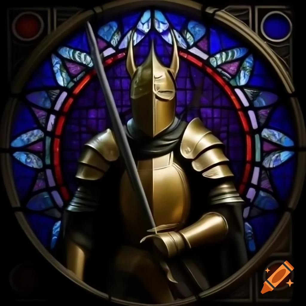 Brass knight avatar with stained glass background in dark gothic theme ...