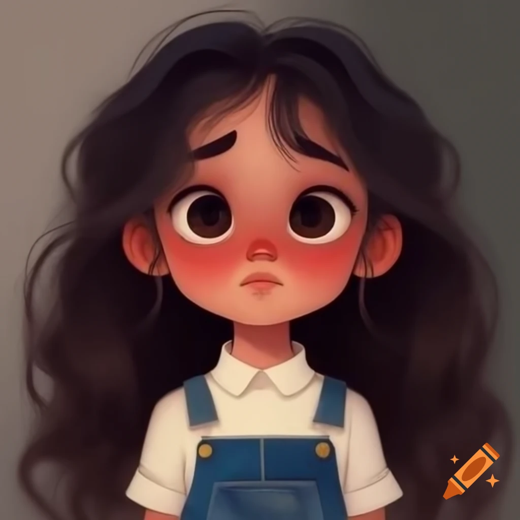 Disney-style girl with dark wavy hair in denim overalls and a tear on ...