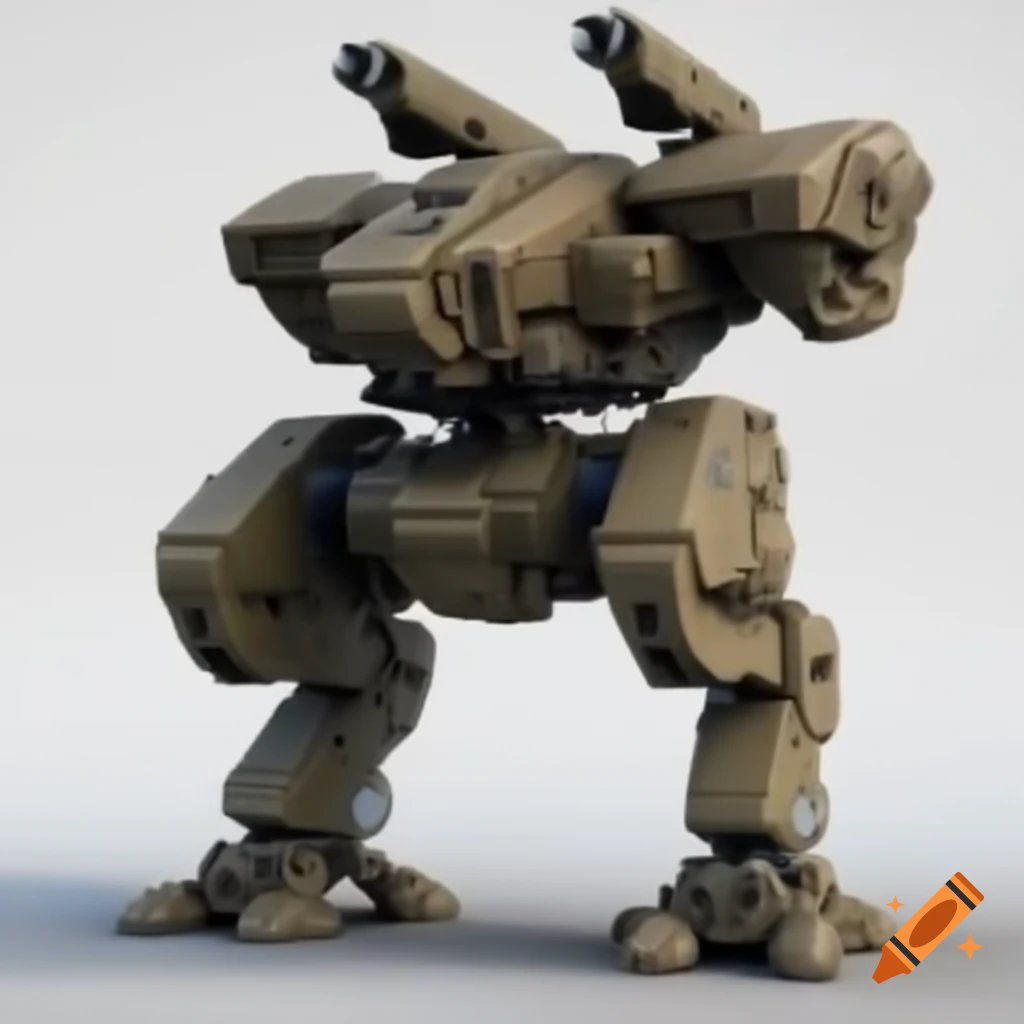 Heavily armored bipedal battle mech with angular design in military tan ...