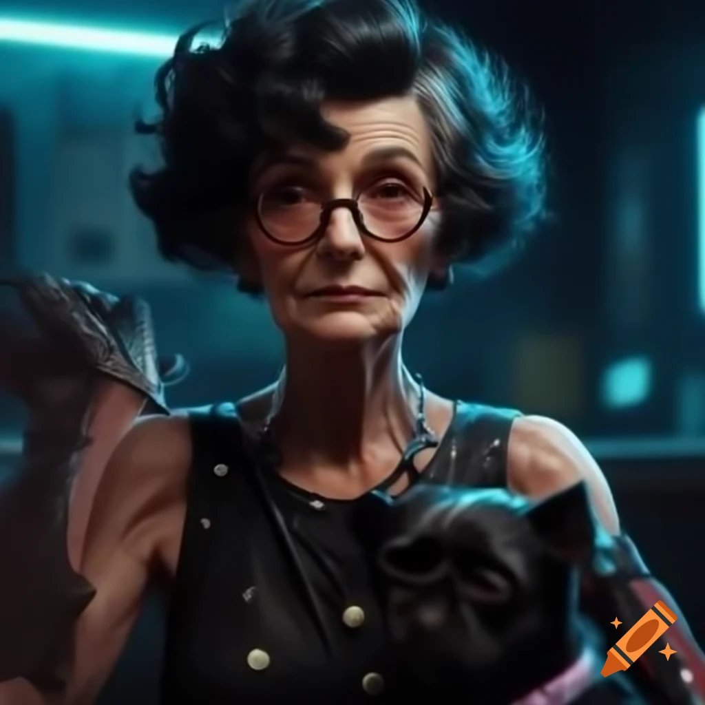 Cyberpunk detective woman with metal hand and dog in retro dress on Craiyon
