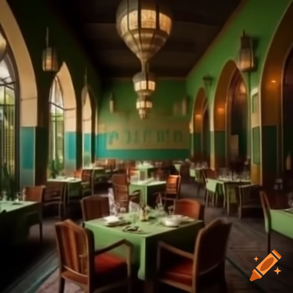 Realistic restaurant interior with light green theme serving ...