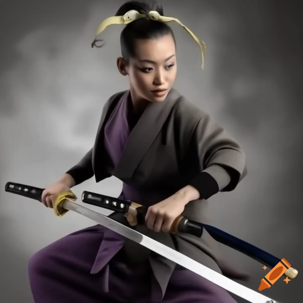 Crowned jester wielding two Japanese katana swords on Craiyon