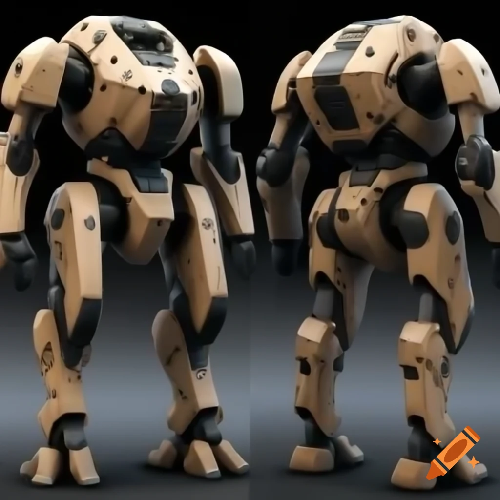Heavily armored bipedal battle mech with angular design in military tan on Craiyon