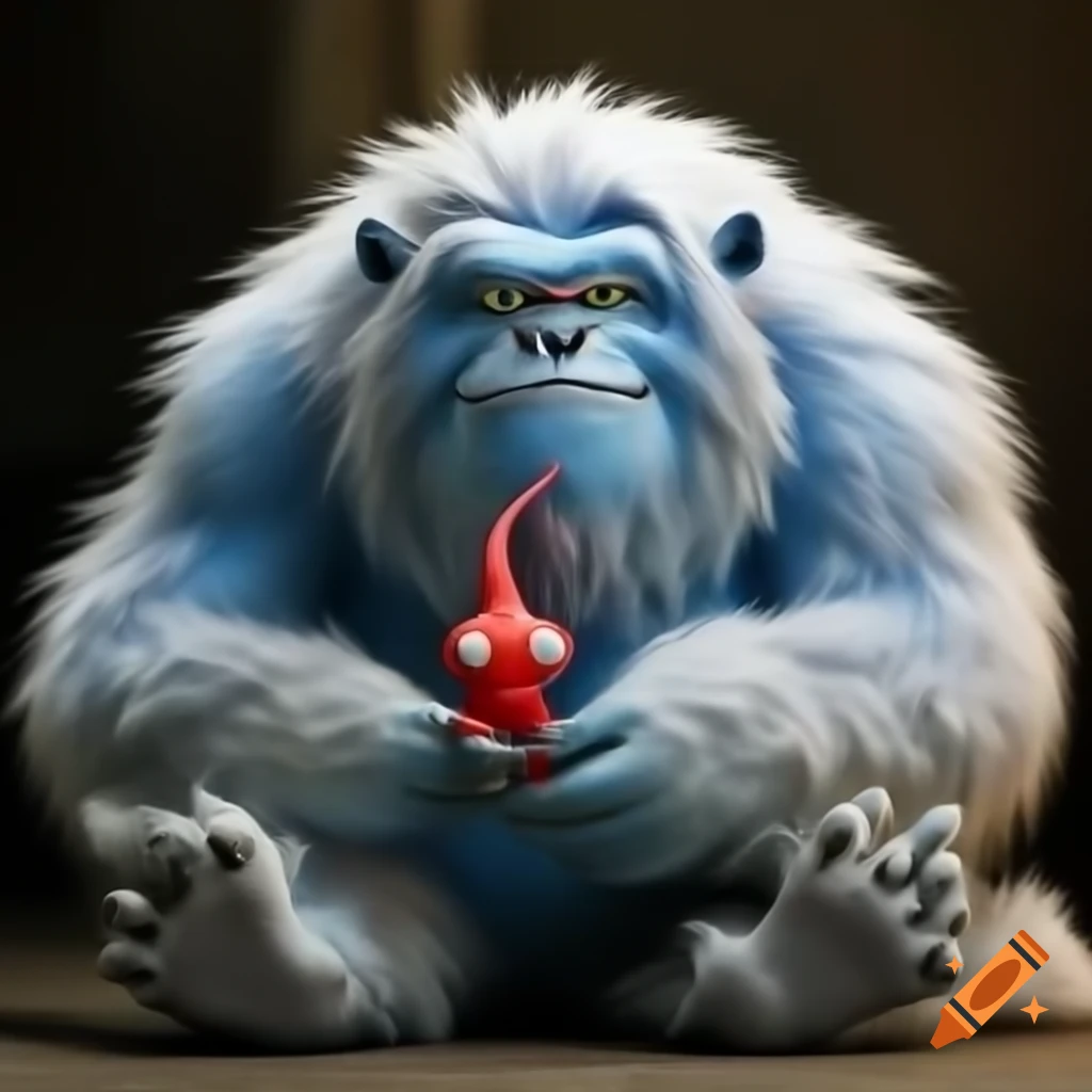 Strong yeti with a Pikmin pet sitting on its lap on Craiyon