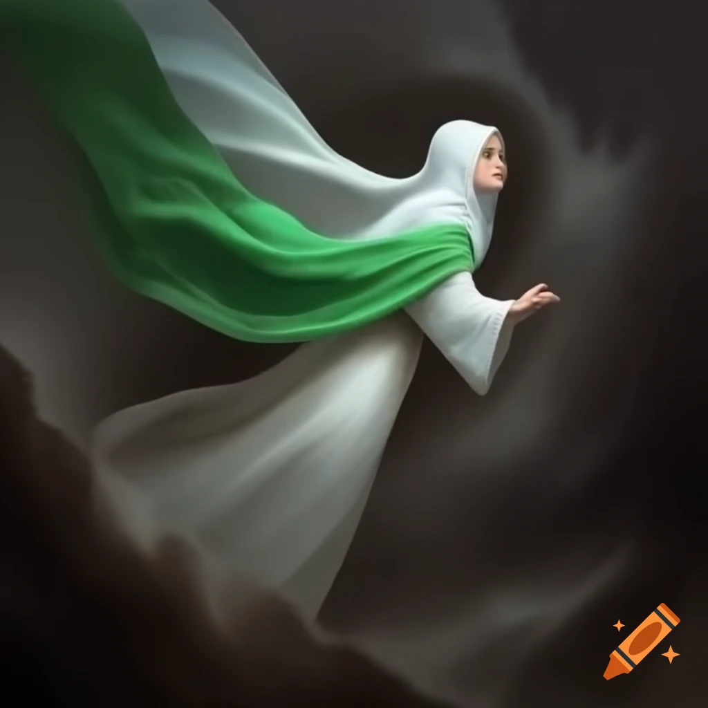 Spirit of Muslim woman in green veil and white robe ascending to heaven ...