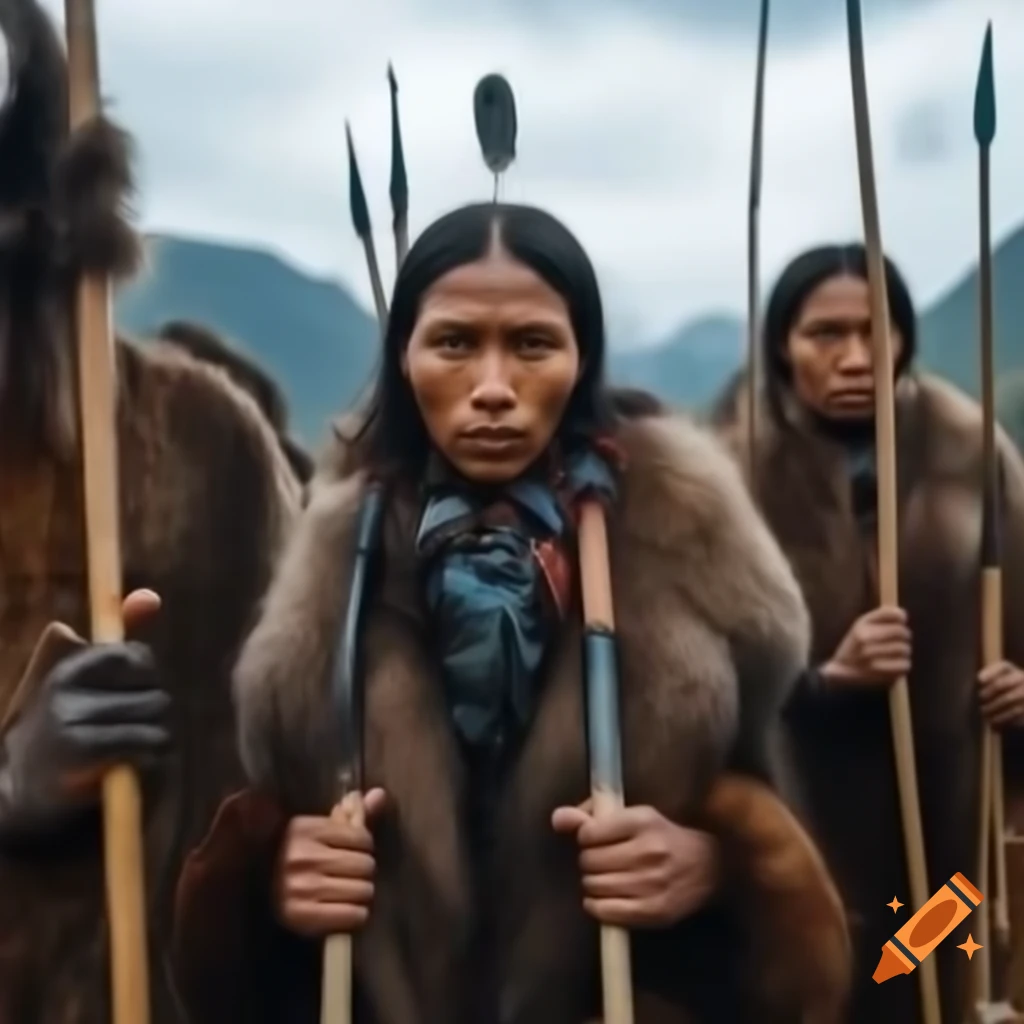 All women tribe in mountains wearing fur pelts and wielding spears on ...