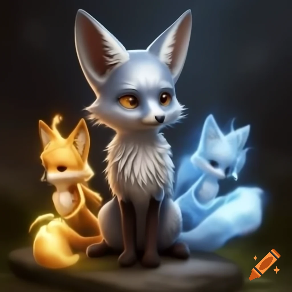 Silver fox with ear tufts, two magical tails, and elemental powers on Craiyon