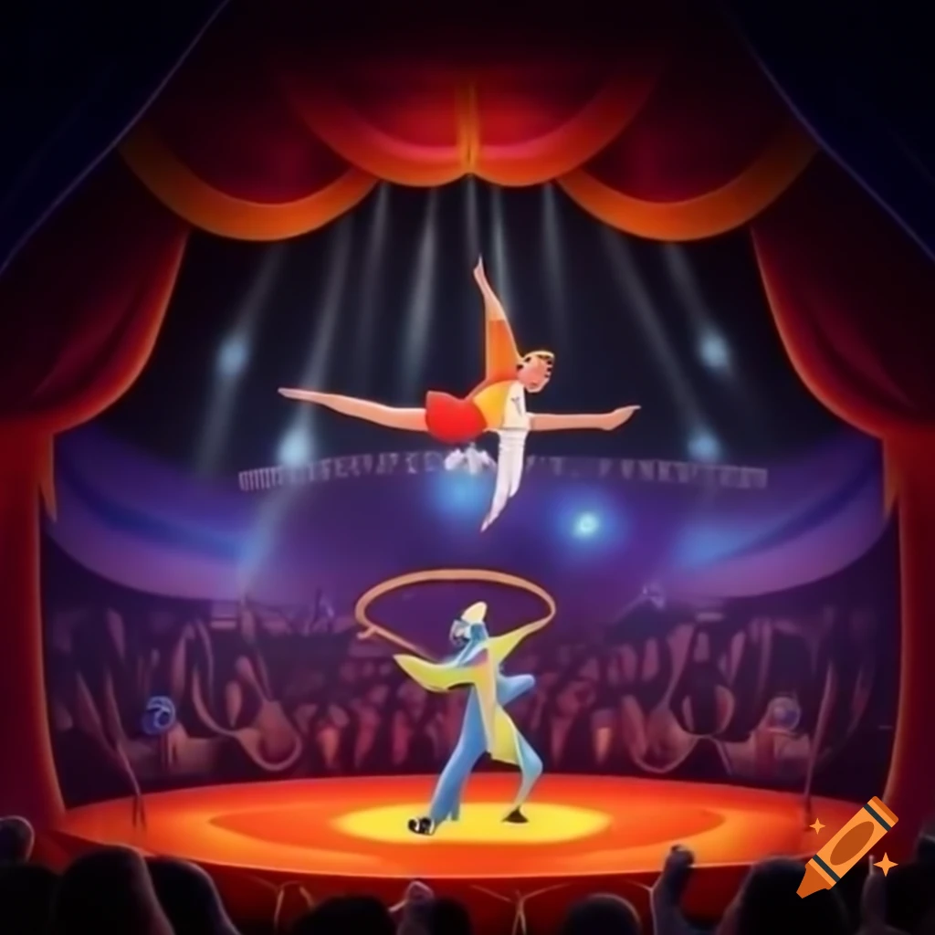 Glamorous ringmaster at dazzling circus tent introducing trapeze artist ...