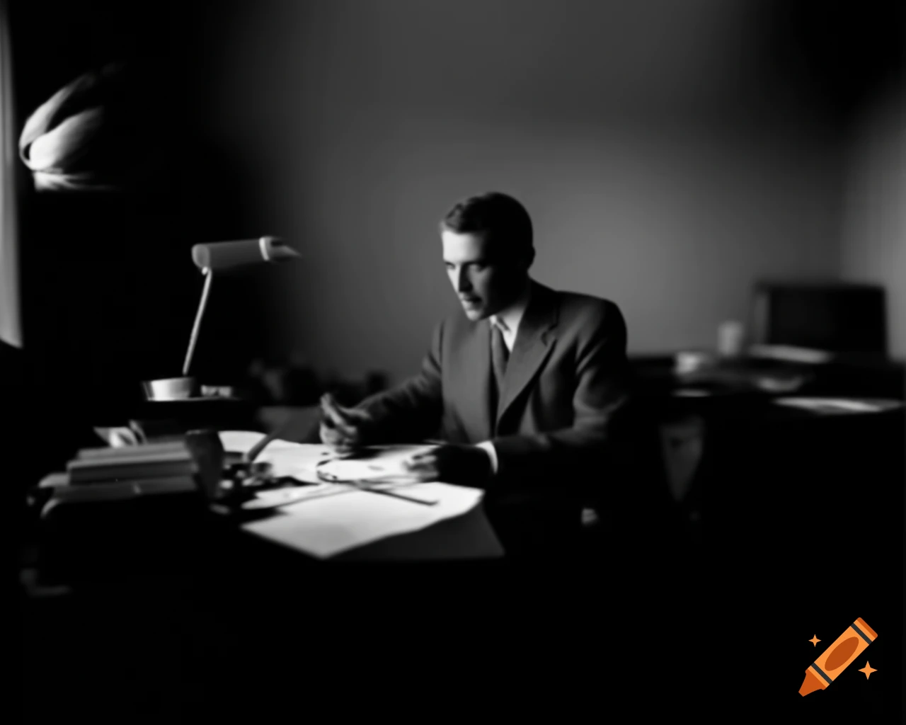 Shadowy 1950s CIA office with classified documents and dark lighting on ...