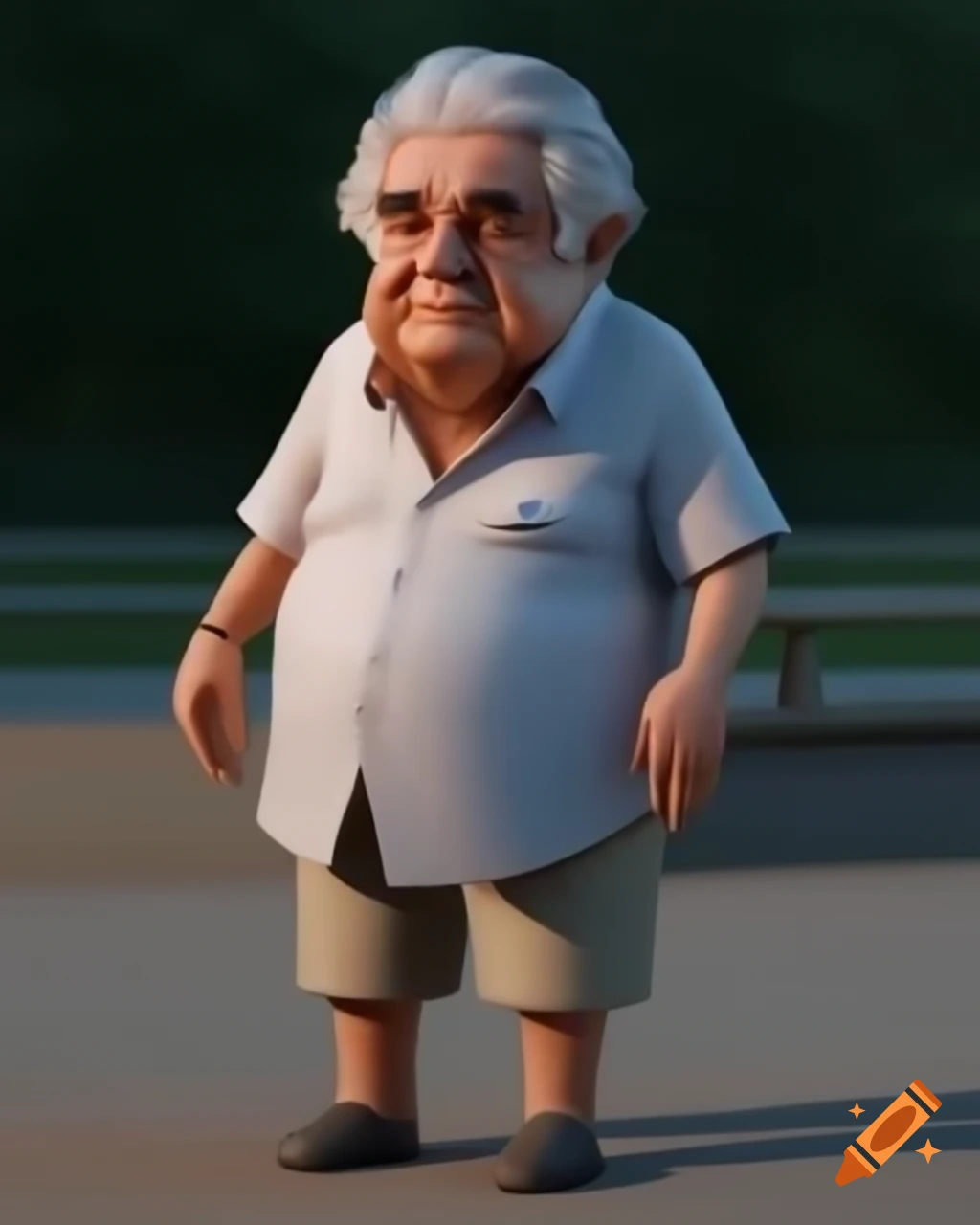 Polygonal 3D model of chubby person walking outdoors on Craiyon