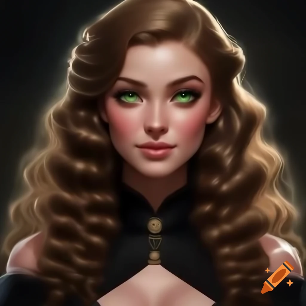 Realistic anime-style portrait of Lady Ava with detailed curly brown ...