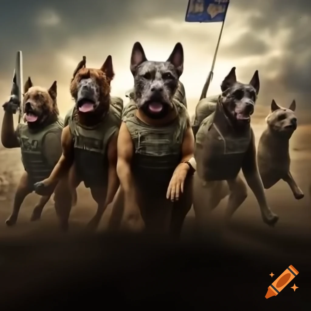 Strong dogs in military gear standing on two paws with guns and a flag ...